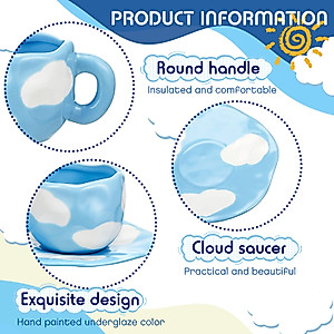Cloud Ceramic Coffee Mug with Saucer Set, Cute Creative Cup Unique Irregular Design for Office and Home, Dishwasher and Microwave Safe, 10 oz/ 300 ml for Latte Tea Milk, Blue Sky and White Clouds