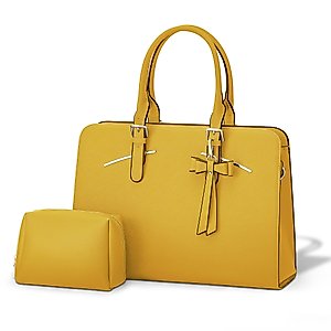 TOPDesign Laptop Bag for Women, Waterproof PU Leather Work Briefcase fits 15.6 Inch Computer, Large Tote Messenger Shoulder Bag, Stylish Business Purse Handbag Satchel (Yellow)
