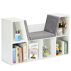 Costzon 6-Cubby Kids Bookcase w/Cushioned Reading Nook, Multi Purpose Storage Organizer Cabinet Shelf with Soft Cushion and Thick Wood Board for Children Girls & Boys Bedroom Decor Room (Modern White)