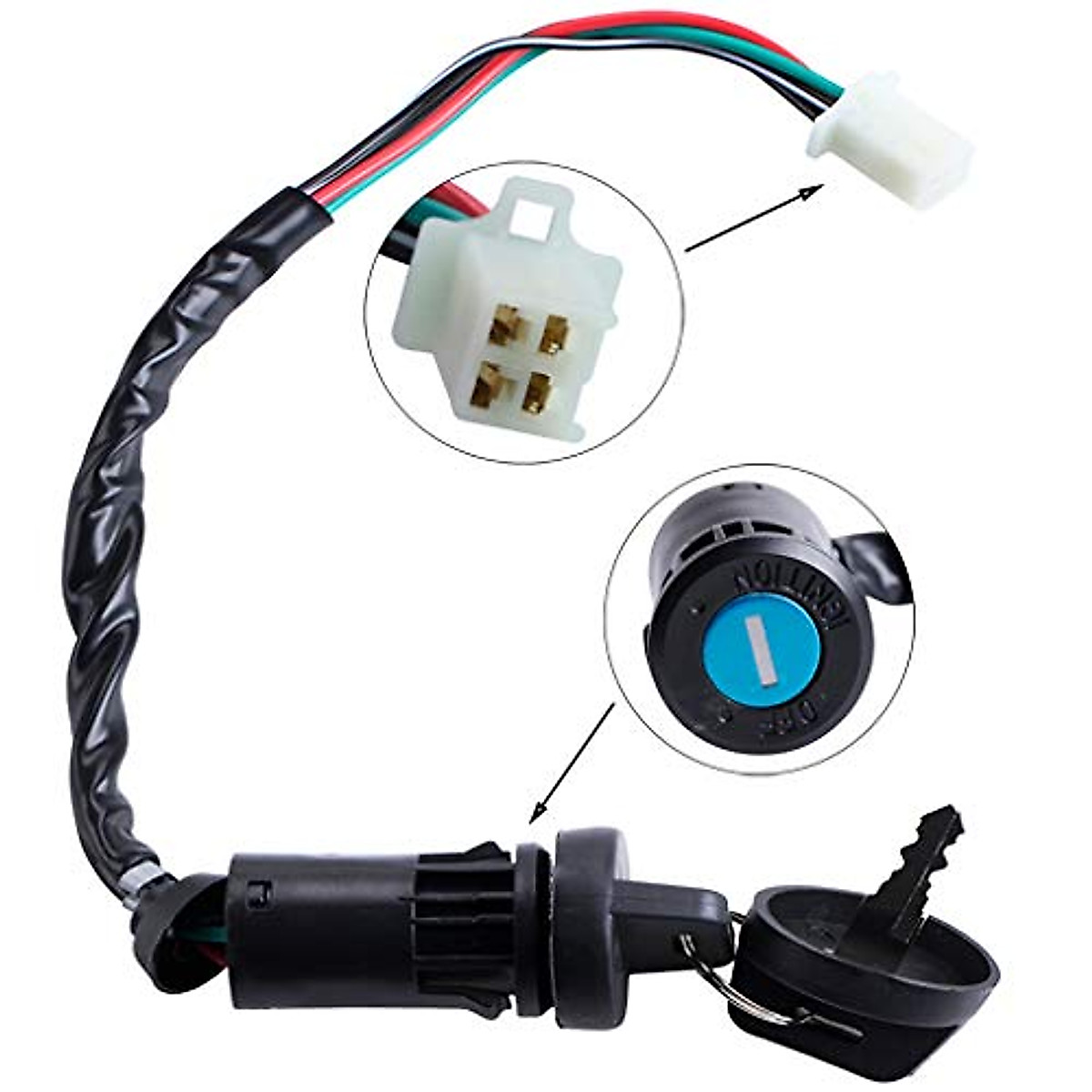 3 Function Left Starter Switch+4 Wires Ignition Switch Key with Cap Assembly for 50cc 70 cc 90cc 110 cc 125cc 150cc TaoTao SUNL Coolster Chinese ATV Quad 4 Wheeler Apollo Dirt Bike Scooter Parts