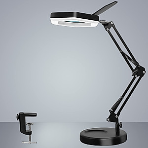 Psiven Magnifying Glass with Light and Stand, Dimmable LED Magnifier Desk Lamp with Clamp, 3 Color Modes, Hands Free Magnifying Lights for Close Work, Repair, Swing Arm Magnifying Work Light with Base