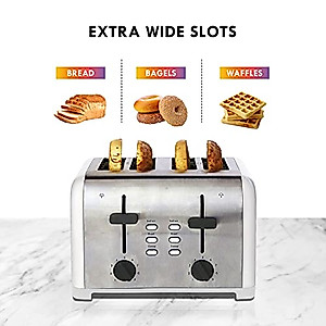 Kenmore 4-Slice Toaster, White Stainless Steel, Dual Controls, Extra Wide Slots, Bagel and Defrost Functions, 9 Browning Levels, Removable Crumb Trays, for Bread, Toast, Muffin, Toaster Strudel…