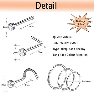 BodyAce 12pcs 20g Gold Nose Ring Hoop Nose Studs for Men Women Nose Piercing Jewelry Diamond Septum Ring Nose Bones/L Shaped/Nose Screw Sets Stainless Steel Nostril Studs (Gold)