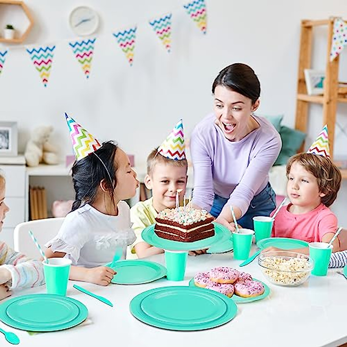 TWOWYHI 228PCS Teal Blue Party Supplies Set Include Paper Plates Cups Teal Blue Napkins Plastic Spoons Forks Knives for 30 Guests Disposable Party Dinnerware for Birthday Wedding Family Picnic