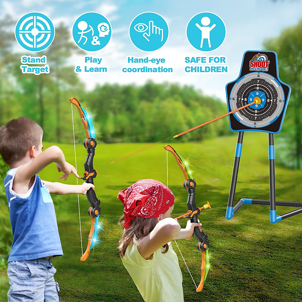 SpringFlower 2 Bow and Arrow Sets with LED Light-up,2 Foam Dart Guns for Kids 5 6 7 8 9 10+ Years Old, Archery Set with Standing Target for Boys & Girl, Ideal Gift