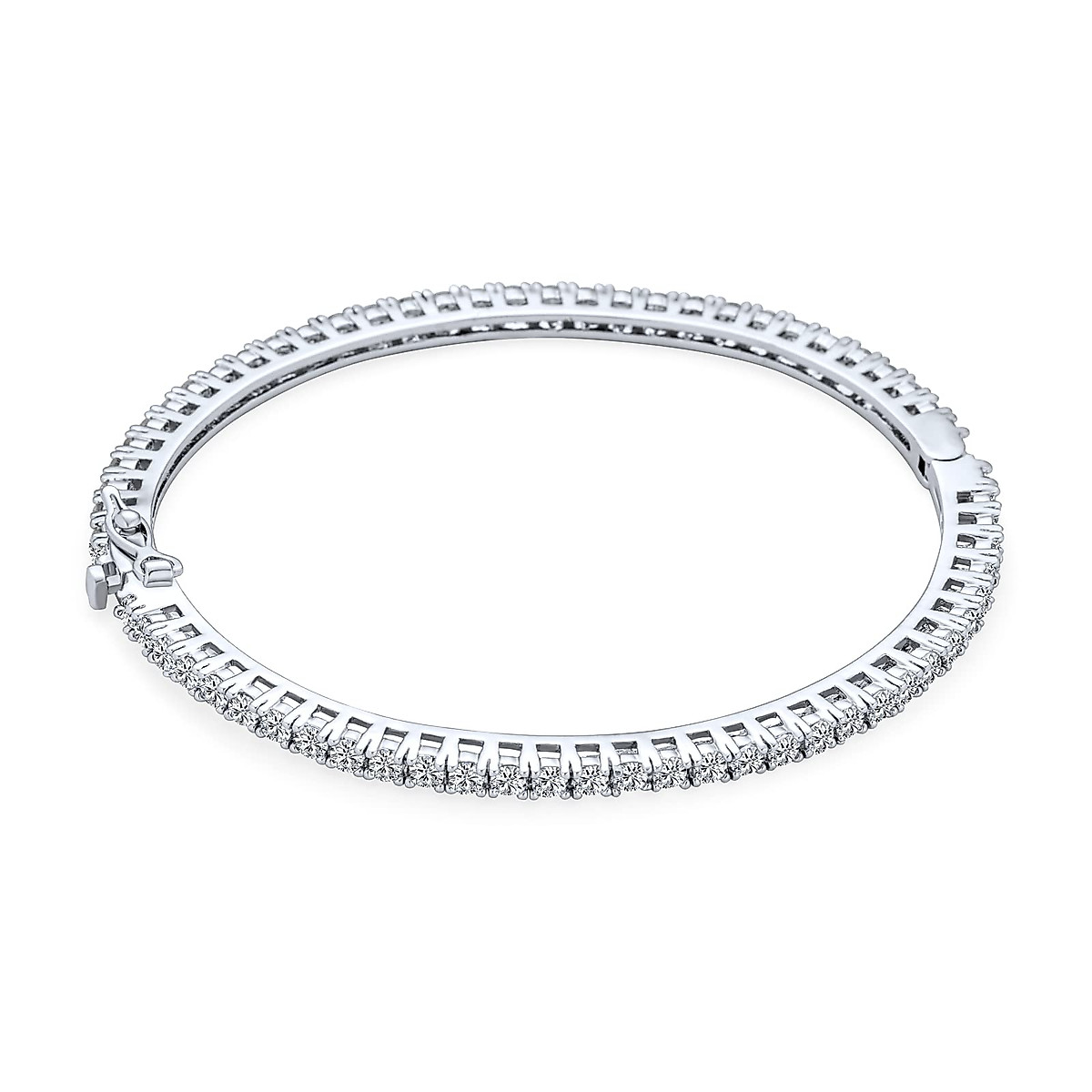 Classic Fashion Bridal AAA Cubic Zirconia Princess Cut CZ Eternity Tennis Stackable Bangle Bracelet For Women, Prom, Wedding Silver Plated 7-7.5 Inch