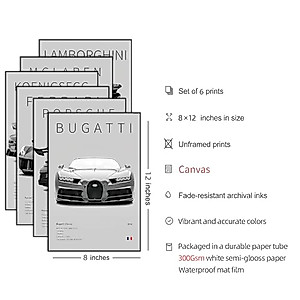 Car Canvas Poster Wall Art, Supercar Art Prints, 6pac/Set (6 Set, 8 x 12 in Unframed)