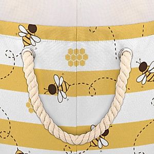 Bee Large Round Storage Bin Basket, Honeycomb Stripe Bee Decor Foldable Clothes Bag Folding Washing Bin Collapsible Fabric Laundry Hamper with Handle for Toys Stuffed Blanket Closet Bedroom Nursery