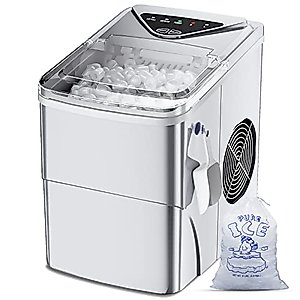 Ice Cube Makers Countertop, Self-Cleaning Function, Portable Electric Machine, 9 Pebble Ice Ready in 6 Mins, 26lbs 24Hrs with Ice Bags and Ice Scoop Basket for Home Bar Camping RV(Silver)