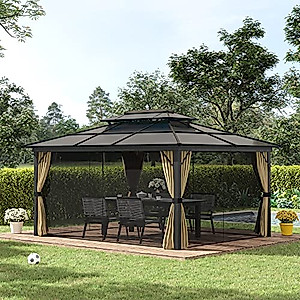Outsunny 11' x 15' Hardtop Gazebo Canopy with Polycarbonate Roof, Aluminum Frame, Permanent Pavilion Outdoor Gazebo with Netting, for Patio, Garden, Backyard, Deck, Lawn, Beige