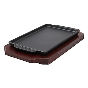 Ebros Personal Size Cast Iron Sizzling Fajita Pan Skillet Japanese Steak Plate With Wood Underliner Base Restaurant Home Kitchen Cooking Supply (Rectangular 9.25"L X 5.25"Wide)