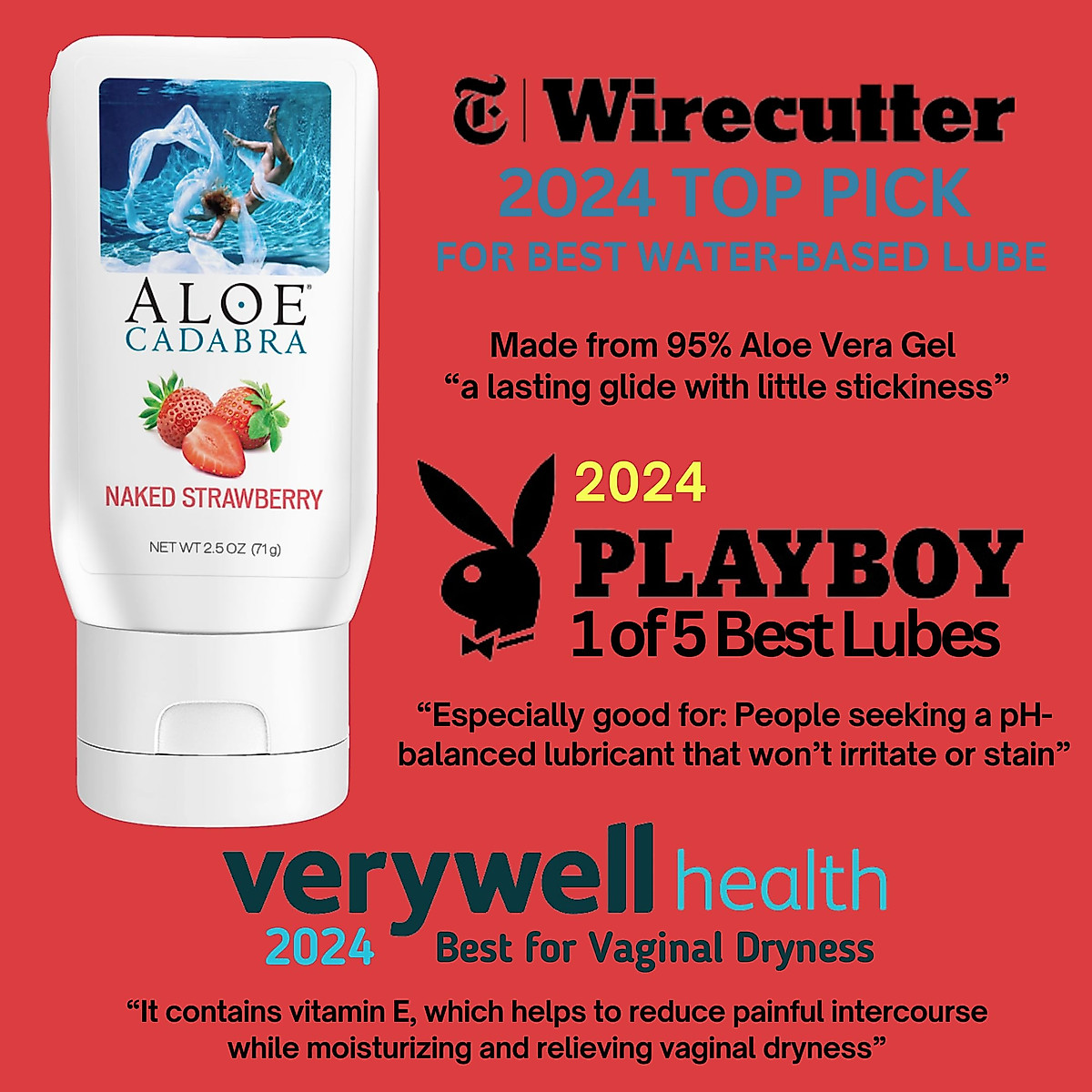 Aloe Cadabra Flavored Personal Lubricant and Vaginal Moisturizer, Organic Edible Aloe Lube for Men, Women and Couples, Non-Staining, pH Balanced, Toy Compatible (Strawberry, 2.5 Ounces, 2 Pack)