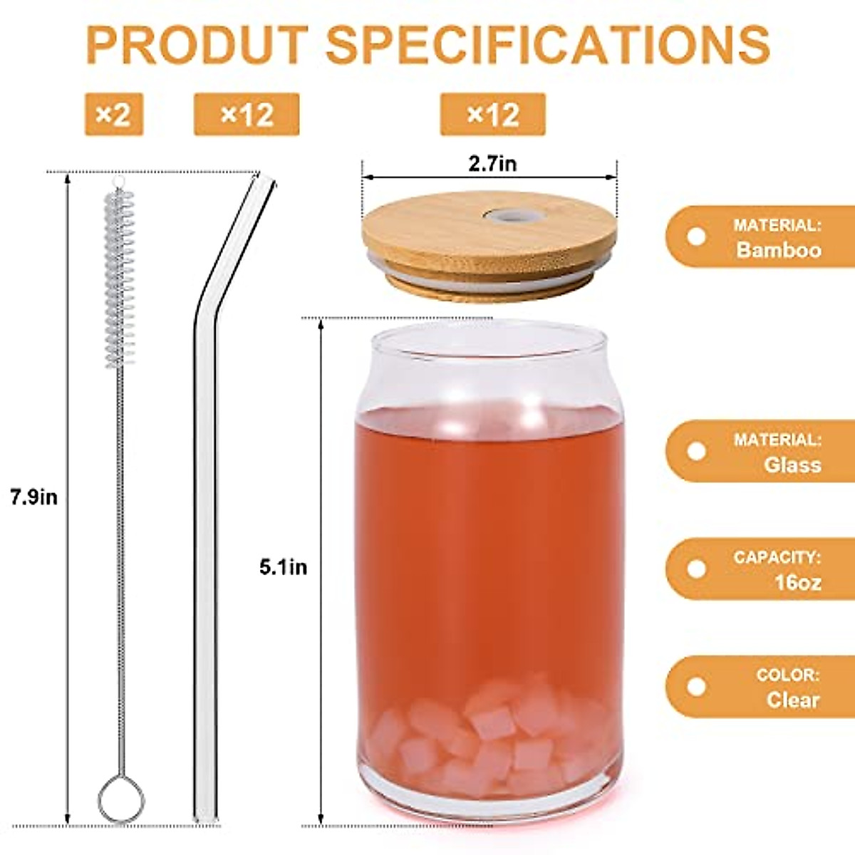 Drinking Glasses with Bamboo Lids and Glass Straw-16oz Can Shaped Glass Cups,Beer Glasses,Iced Coffee Glasses,Ideal for Cocktail,Whiske,Soda,Bubble Tea,Juicing, Smoothies(12pcs Set+2 Cleaning Brushes