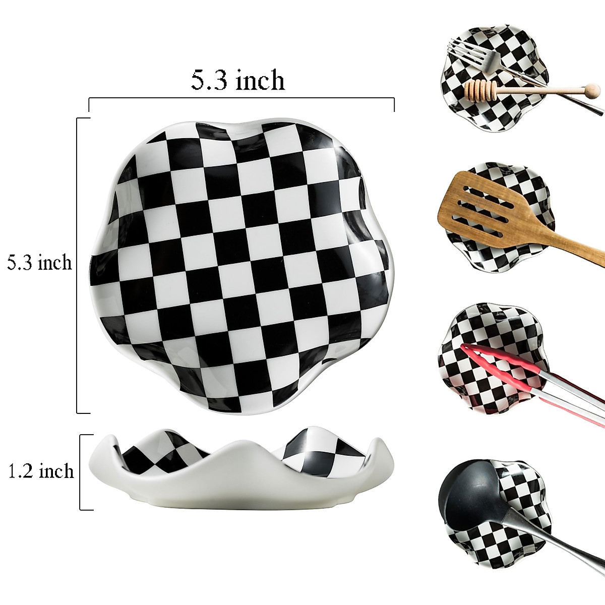 Miamolo Spoon Rest for Stove Top, 5.3in Checkered Spoon Holder Utensil Rest, Ceramic Spoon Rests for Coffee Bar, Kitchen Gadget Cooking Gift for Housewarming