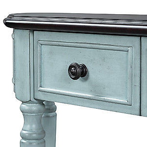 Retro Curved Design Console Table with Open Style Shelf, Solid Wooden Entryway Table Frame with Legs, 2 Top Drawers,Half Moon Shape Console Table for Hallway Living Room (Cherry + Antique Blue-01)