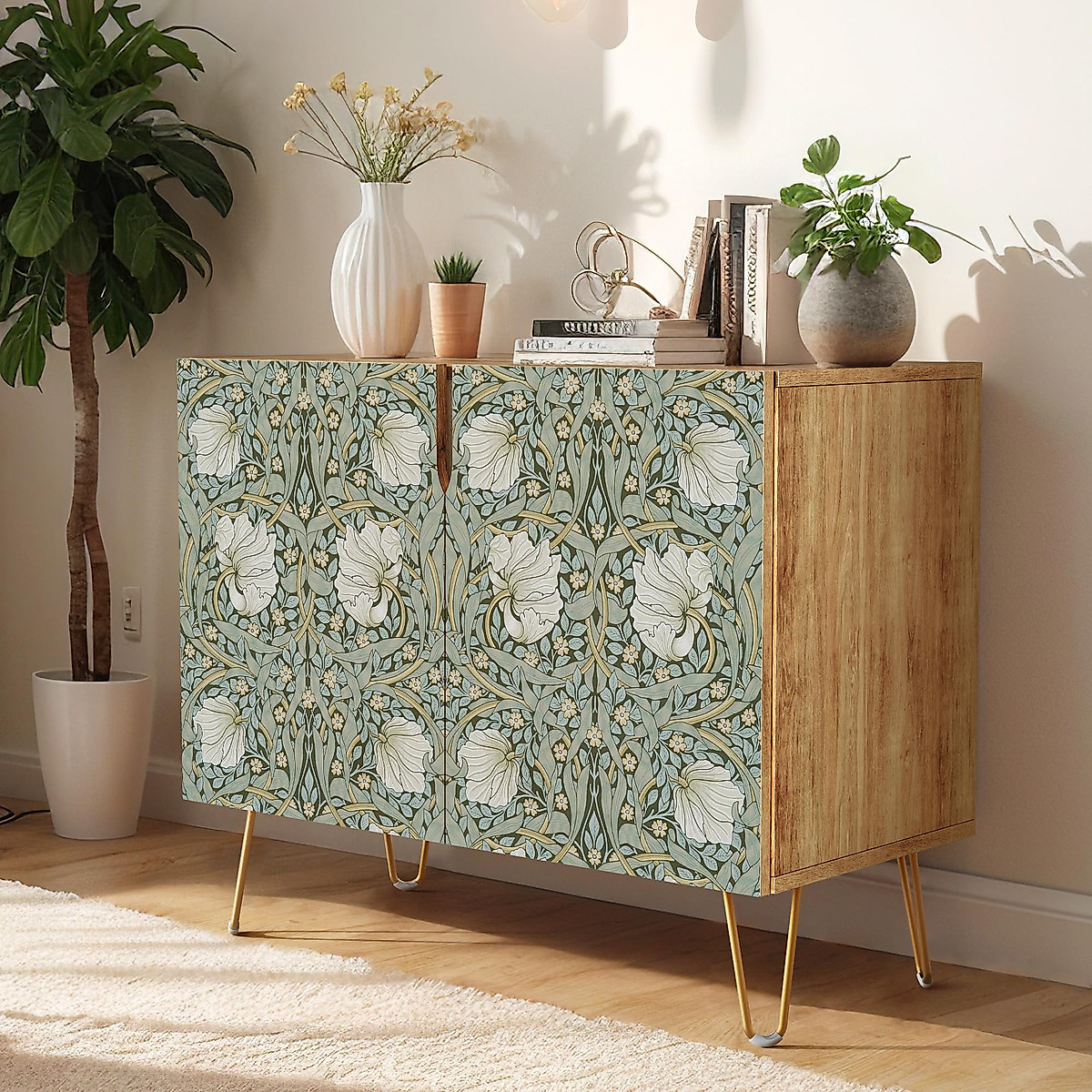 SIGNWIN Sideboard Buffet Cabinet, Kitchen Storage Cabinet with 2 Doors, Geometric Arch Palm Leaf Landscape, Cupboard Console Table for Dining Room- 35" L x 18" W x 29" H