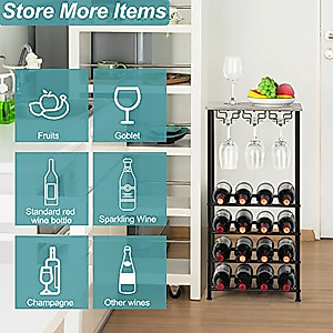Vrisa Freestanding Floor 16 Bottles Wine Rack with 9 Wine Glass Holder, Wine Holder Stand for Floor, 5 Tiers Wine Bottle Organizer Stand, Dark Oak