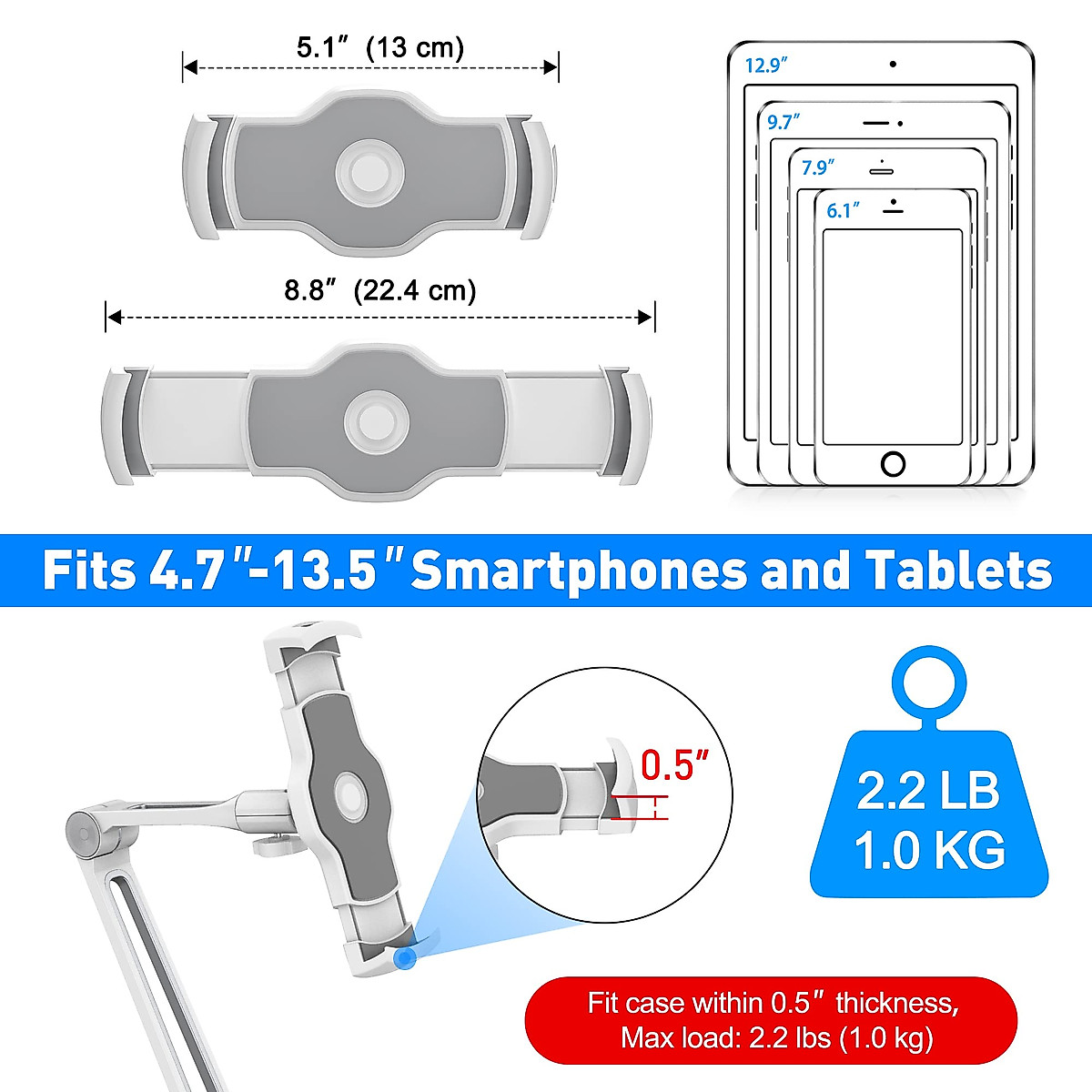 AboveTEK Under Cabinet iPad Mount, 3 in 1 Highflex 360° iPad Wall Mount for Kitchen, Tablet Celling Under Counter Holder, Kitchen iPad Stands Fits 4.7" to 13.5" iPad, Mini, Air, Surface Pro - White