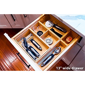 Umilife Drawer Organizer Storage Boxes, 2.5" High Bamboo Drawer Dividers, 5 Rearrangeable Bins for Kitchen, Office Desktop, Clothing, Makeup, vanity, Jewelry