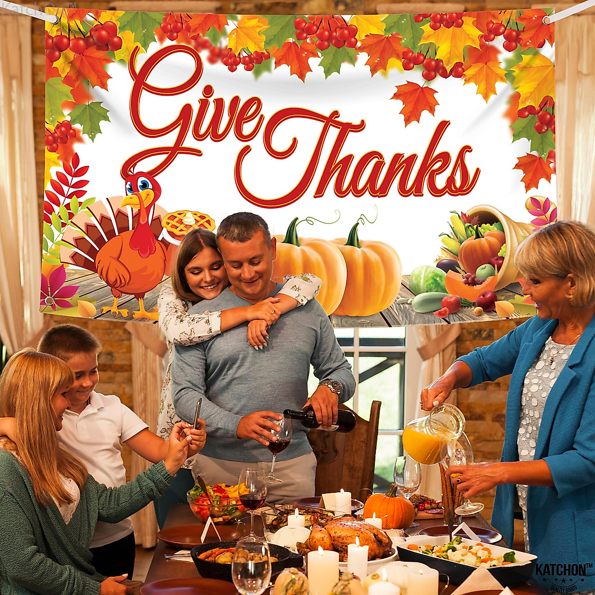 KatchOn, Give Thanks Banner - XtraLarge, 72x44 Inch | Thanksgiving Backdrop for Thanksgiving Decorations | Thanksgiving Wall Banner | Happy Thanksgiving Banner for Thanksgiving Party Decorations