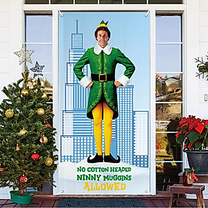 Funny Christmas Door Cover, No Cotton Headed Ninny Muggins Allowed Porch Sign for Outdoor Decorations, Buddy The Elf Photo Booth Background Banner, Elf Party Decor Supplies, 70.8x35 Inch