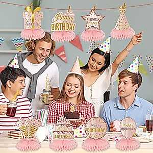 Pink Rose Gold Birthday Honeycomb Centerpieces Decorations for Women Girls, 8Pcs Rose Gold Happy Birthday Table Centerpieces Party Supplies, 10th 16th 21st 30th 40th 50th 60th Bday Table Topper Decor