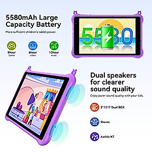 Blackview Tablet Kids, Android 12 Tablets for Toddlers, 5GB(3+2) RAM 64GB ROM 1TB TF, 5580mAh 1280 * 800 with Eyes Protection, Dual Speakers WiFi Tablet for Children, Purple
