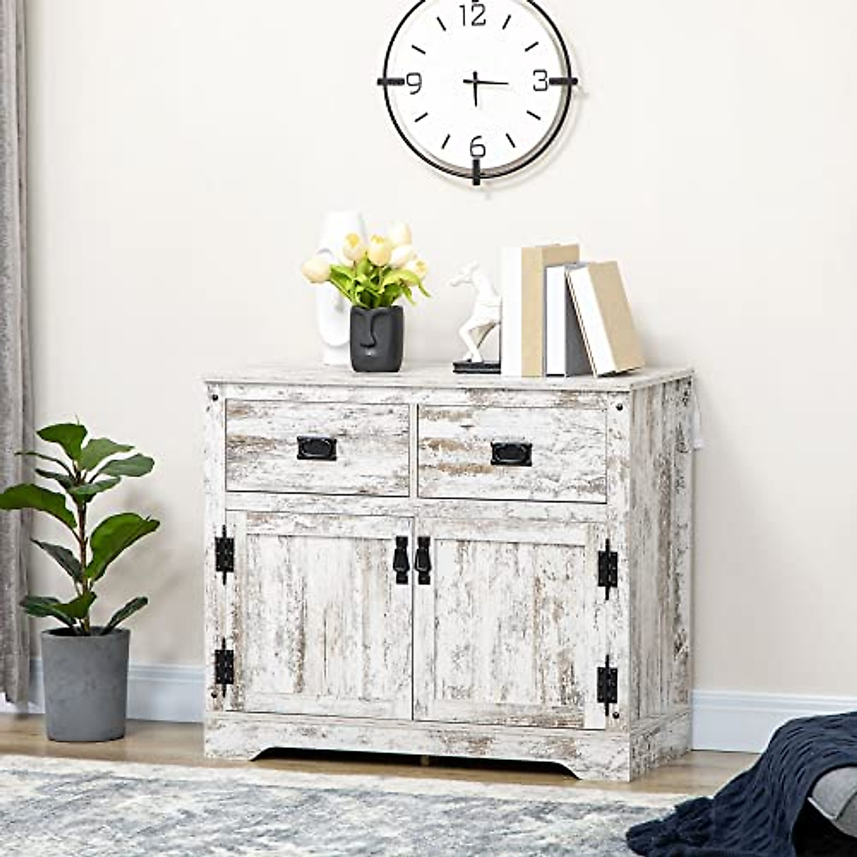 HOMCOM Industrial Sideboard Buffet Cabinet with 2 Drawers Kitchen Storage Cabinet Coffee Bar Cabinet with Double Door Cupboard for Kitchen, Living Room, Distressed White