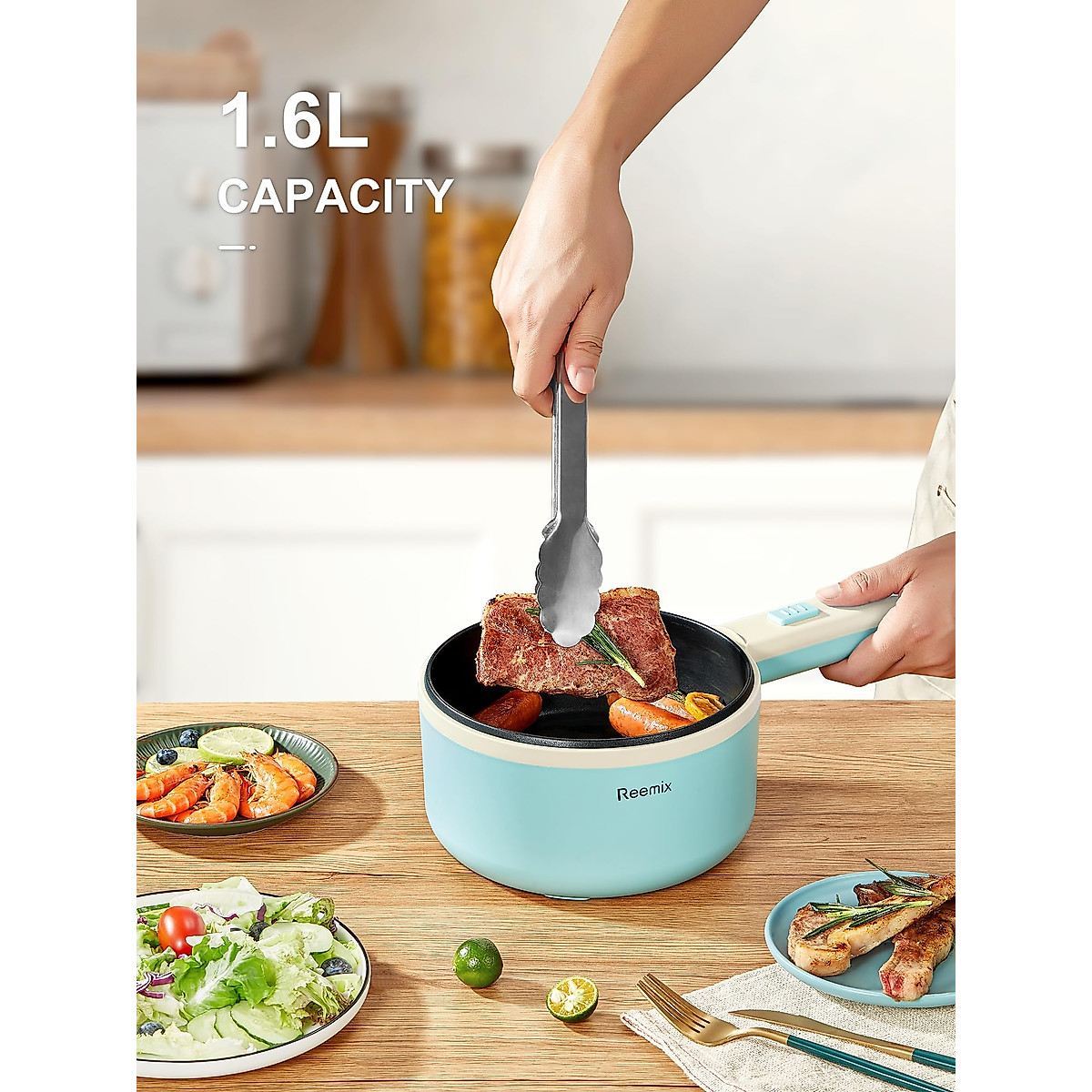 Reemix Hot Pot Electric With Steamer, 1.6L Ramen Cooker Non-Stick Sauté Pan for Steak, Egg, Fried Rice, Ramen, Oatmeal, Soup, Portable Personal Hot Pot Perfect Suit for Dorm Room and Apartment (Aqua)
