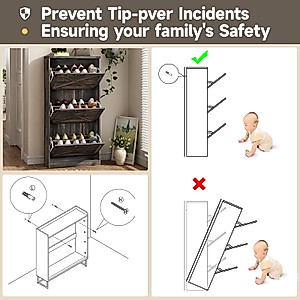 Maupvit 24" W Farmhouse Shoe Cabinet Storage for Entryway, Freestanding Organizer with 3 Flip Drawers, Narrow Shoe Rack Cabinet with Metal Corner Decoration, Dark Rustic Oak