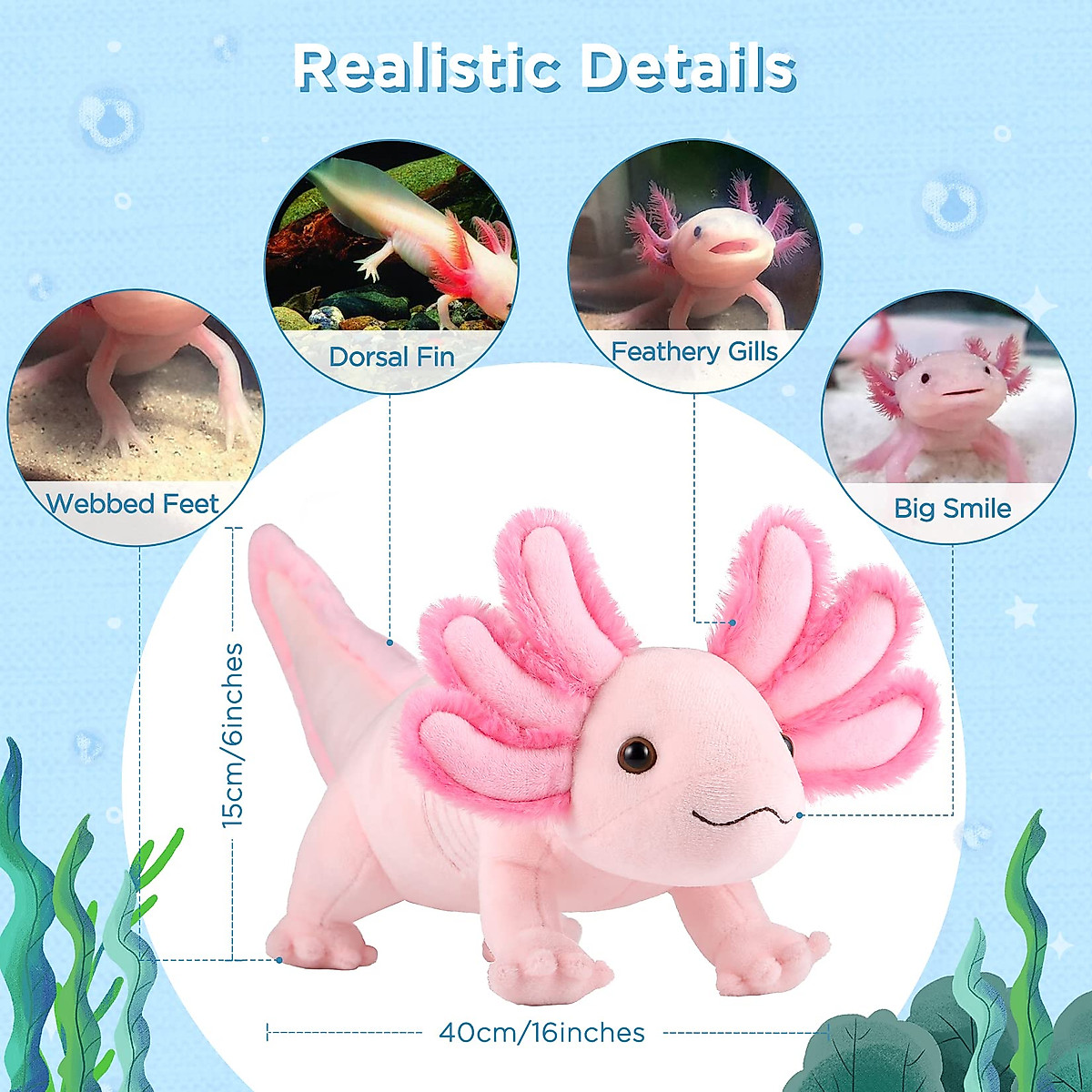 GAGAKU Axolotl Plush Toy 16" Axolotl Stuffed Animal Pink Axolotl Plushie for Boys Girls Kawaii Axolotl Gift for Birthday