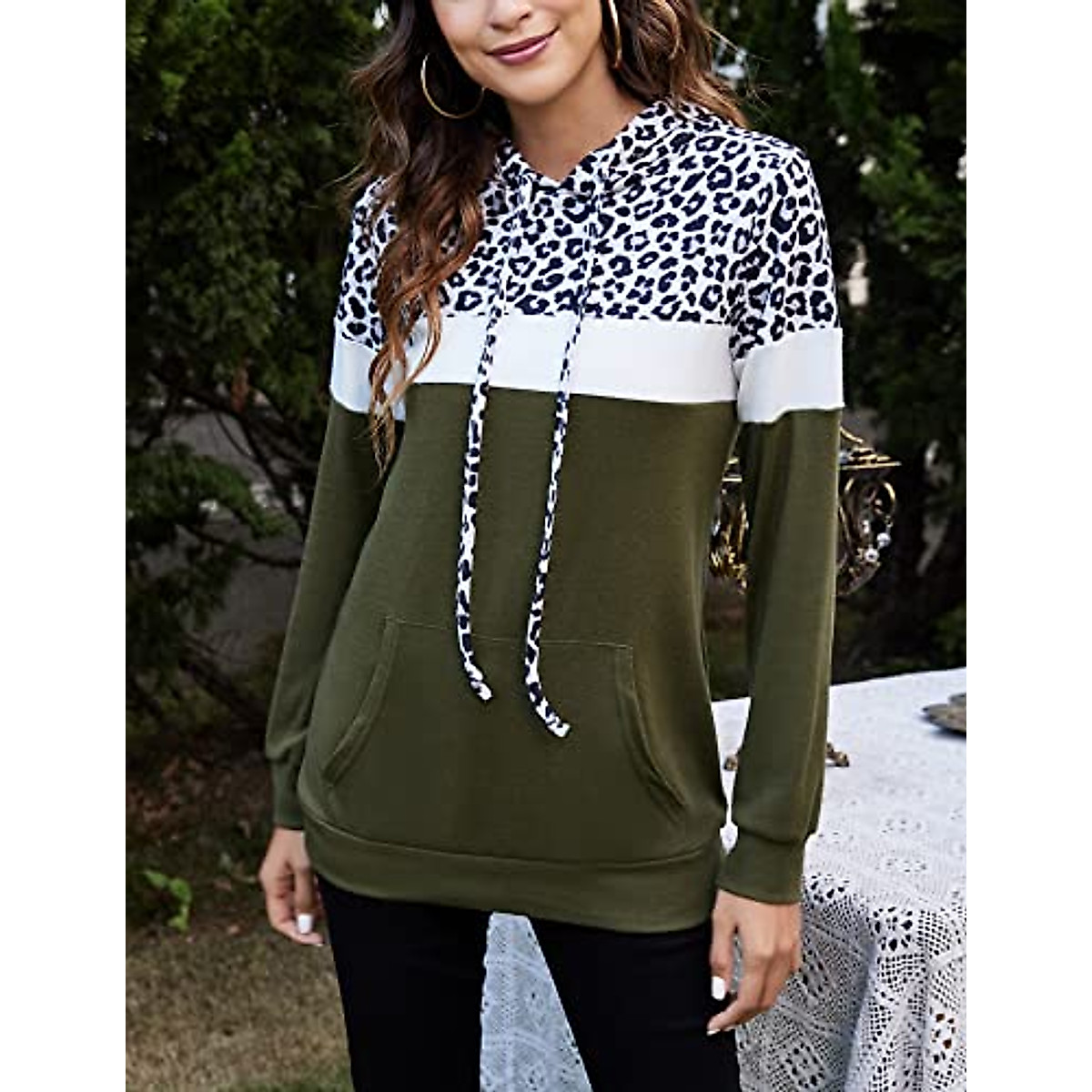 Bluetime Women Pullover Sweatshirt with Pocket Color Block Long Sleeve Fall Tops Shirts Leopard Hoodies (XL, Leopard Olive Green)