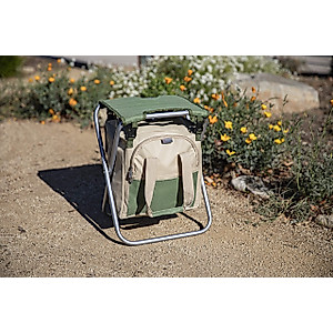 ONIVA - a Picnic Time brand Gardener Folding Seat with Tools, Garden Stool with Detachable Storage Tote Bag, Portable Chair Seat with Garden Tools Set Organizer, Olive Green with Beige Accents