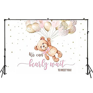 HUAYI We Can Bearly Wait to Meet You Baby Shower Backdrop Teddy Bear Decoration Background Pastel Tone Sweet Pink Balloons and Brown Girl Babyshower Backdrops 6.5x5ft