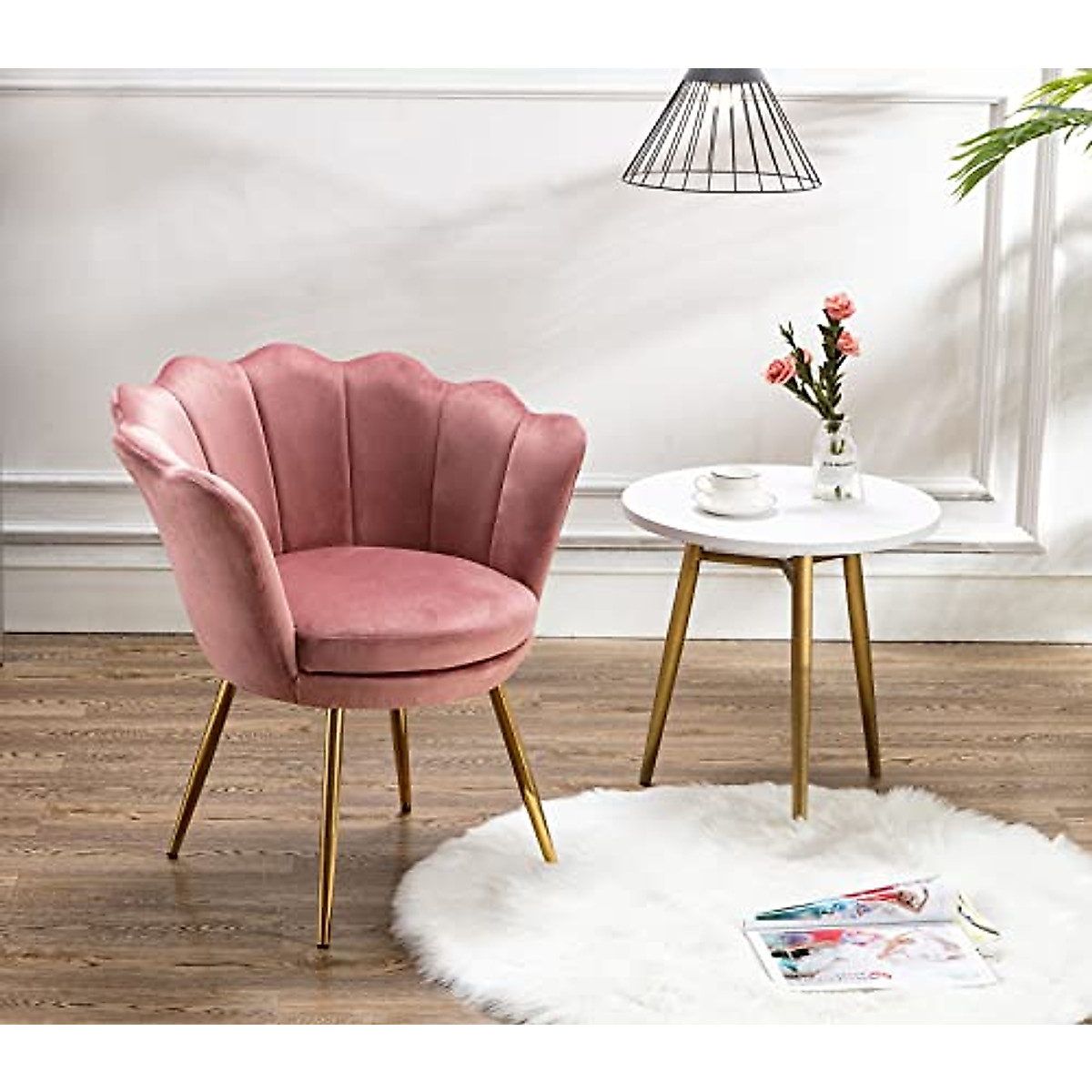 chairus Velvet Accent Chair, Upholstered Vanity Chair with Shell Back & Gold Metal Legs, Modern Small Armchair Side Chair Guest Chair for Living Room Bedroom Makeup Dressing Room, Antique Pink