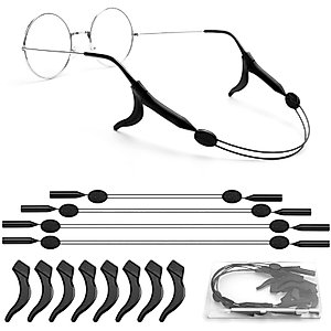 KAJUDA 4Pcs Adjustable Glasses Strap, Glasses Sport Strap Holder Sunglass Retainer, Upgrade No Tail Anti-Slip Eyeglass Straps and Ear Hook 8Pcs for Men Women (Black)