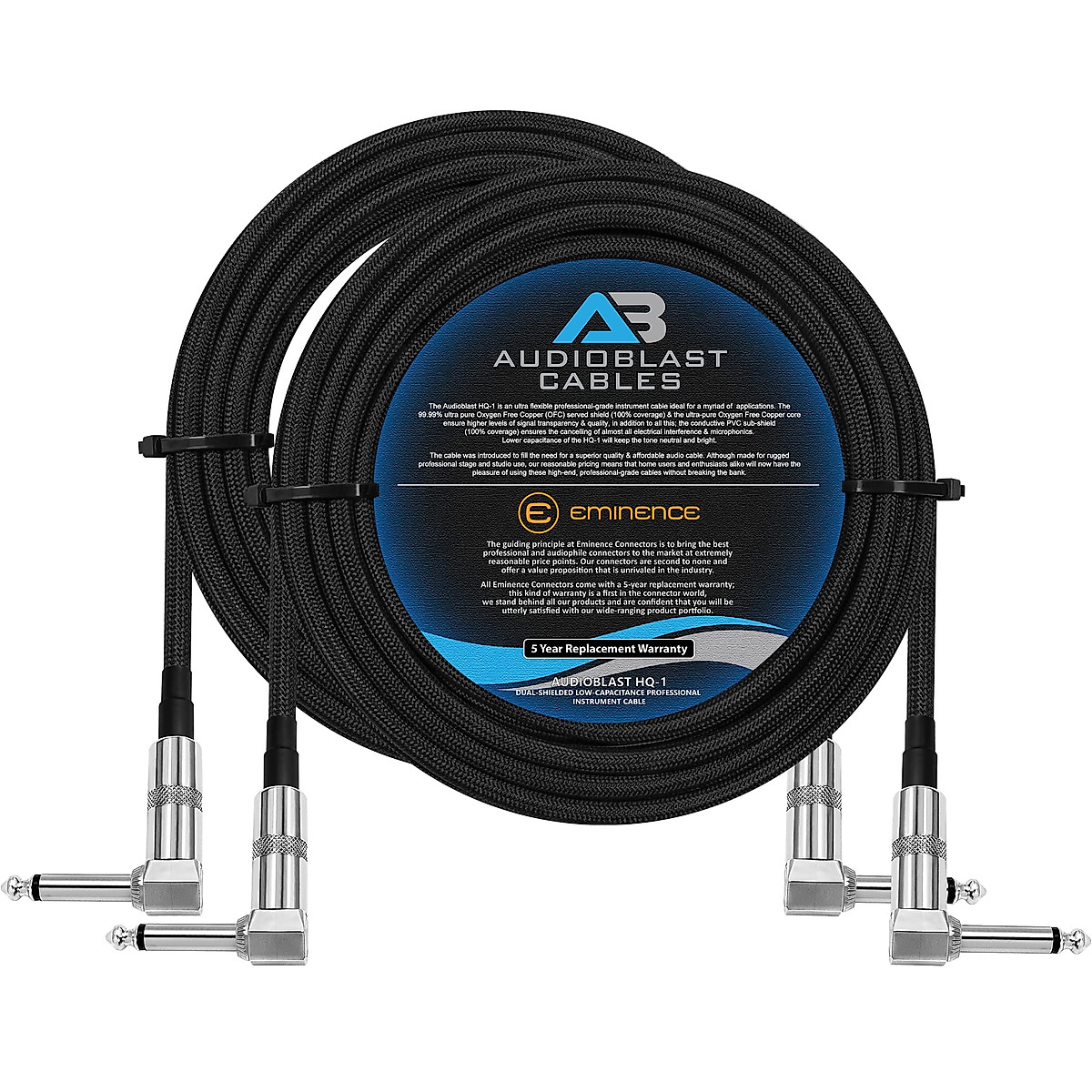 Audioblast - 2 Units - 30 Foot - HQ-1 - Ultra Flexible - Dual Shielded (100%) - Guitar Instrument Effects Pedal Patch Cable w/Eminence Right-Angled ¼ inch (6.35mm) TS Plugs & Double Staggered Boots