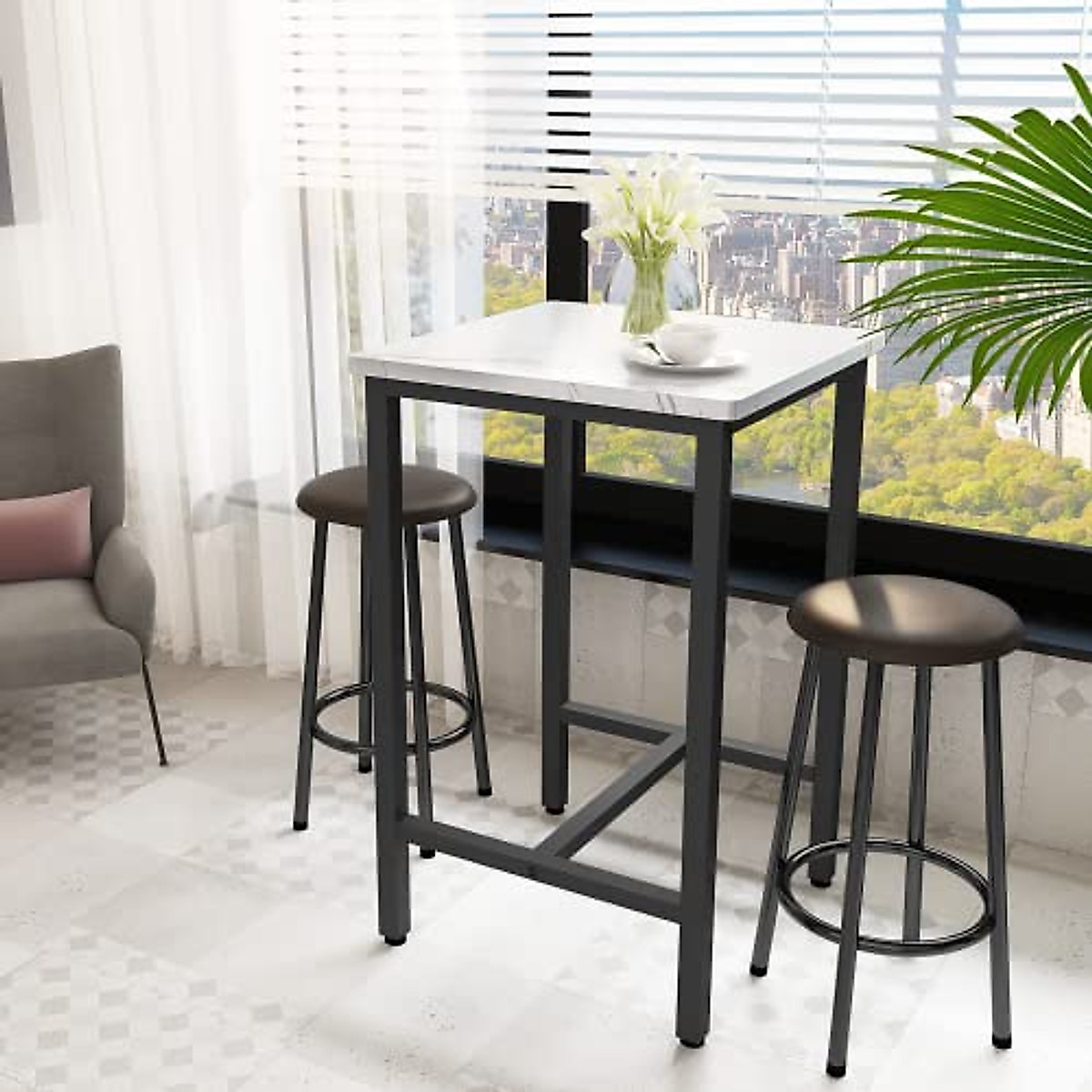 Recaceik 3 Pieces Bar Table Set, Square Pub Table with 2 Bar Stools, Faux Marble Dining Table Set of 2, Kitchen Counter Height Table with 2 Chair, Modern Bar Table Set for Living Room, Restaurant