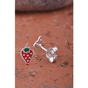 Sterling Silver Small Womens Fruit Red Strawberry Push Back Stud Earrings - Fruit Gifrts For Ladies Mom Wife 0.31in
