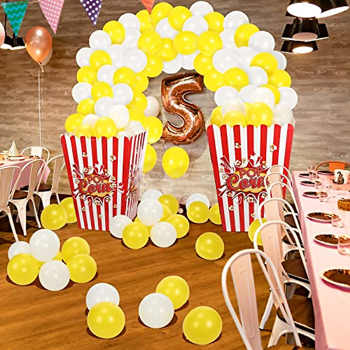 2 Pieces Giant Popcorn Box Cardboard Stand up with 100 Balloons Movie Popcorn 3D Popcorn Box Cardboard Stand up and Yellow White Popcorn Theme Balloons Carnival Decorations for Movie Themed Party