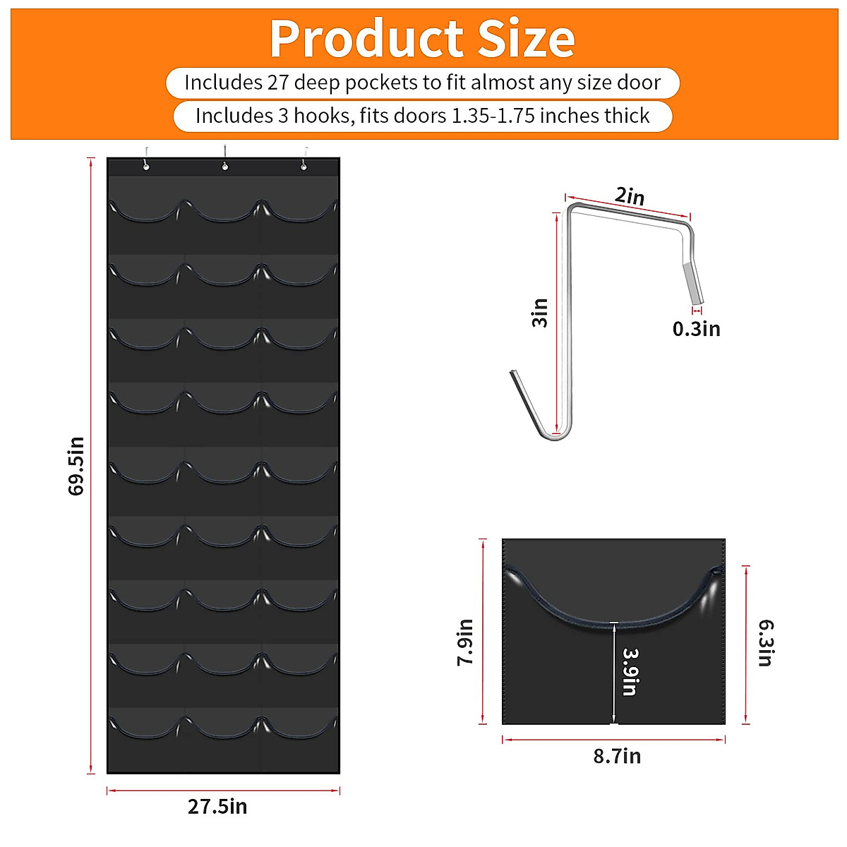 Hat Rack for Baseball Caps, 27 Pockets Over The Door Baseball Hat Organizer, Fitted Hat Storage for Closet Wall Mount Bag With Large Pockets & 3 Hooks, Hat Holder Hanger Organization to Display Caps