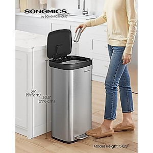 SONGMICS Kitchen Trash Can, 18-Gallon Stainless Steel Garbage Can, with Stay-Open Lid and Step-on Pedal, Soft Closure, Tall, Large and Space-Saving, Silver and Black ULTB520E68