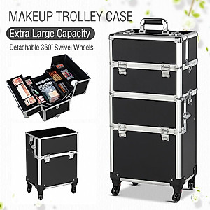 Yaheetech Rolling Makeup Train Case 3 in 1 Cosmetic Makeup Case Large Aluminum Trolley Makeup Travel Case Professional Rolling Cosmetic Beauty Storage, with 360° Swivel Wheels, Black