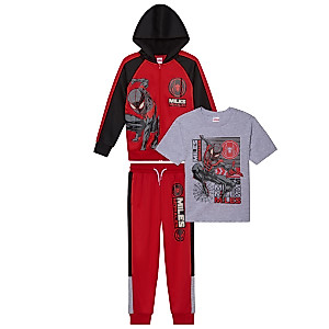 Marvel Spider-Man Boys 3-Piece Fleece Pants Sets, Spiderman Zip-Up Hoodies, T-Shirts, and Pants Sets for Boys (Miles Morales Red, 4)
