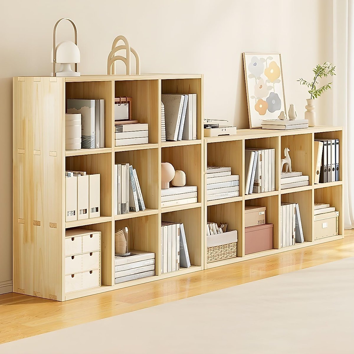 LITFAD Solid Wood Cube Bookcase with Storage Shelves and Closed Back Modern Floor Bookshelf in Natural for Home Office Study Room Library - 47.2" L x 11.8" W x 23.6" H