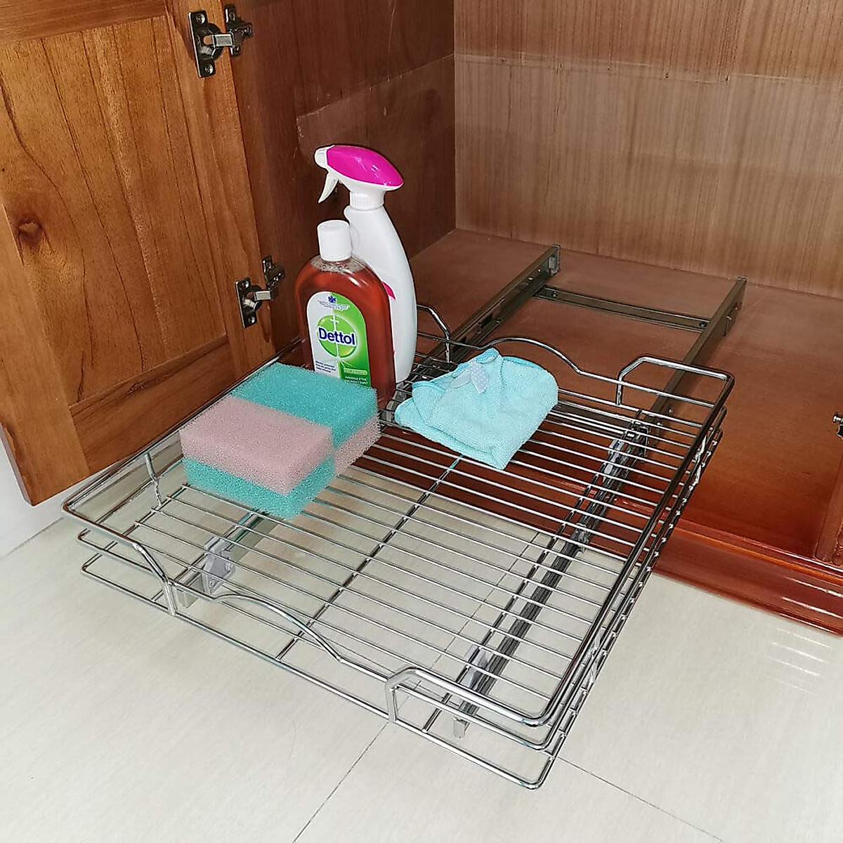 OCG Pull Out Drawer Cabinet Organizer（17" W x 18" D x 5" H, 1 Tier Heavy Duty Slide Out Kitchen Cabinet Storage Shelves, Sliding Drawer for Cabinet, Wire Frame, Chrome Finish