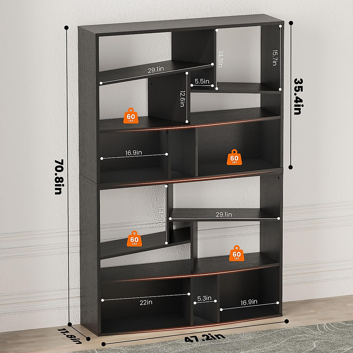 16 Cube Bookcase, 6 Tier Irregular Freestanding Geometric Bookshelf with Anti-Tipping Kits, Black Mid-Century Modern Large Cube Storage Organizer Book Shelf for Bedroom, Living room, Office, 2Pack