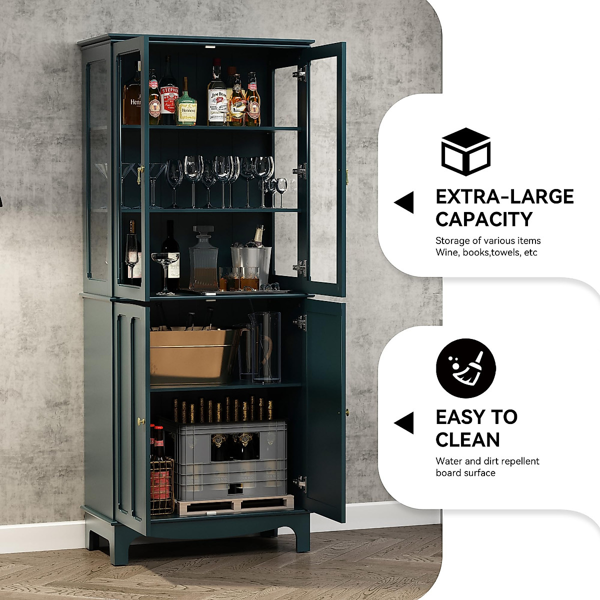 ARTPOWER 72" Freestanding Kitchen Pantry Storage Sideboard, Classical Tall Cabinet with Glass Door and Adjustable Shelves for Kitchen, Livingroom and Dining Room, Dark Teal