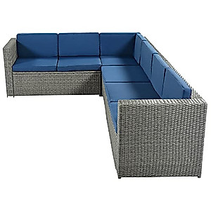 9 Piece Rattan Sectional Seating Group with Cushions and Ottoman, Patio Furniture Sets, Outdoor Wicker Sectional, Grey Ratten+Blue Cushions