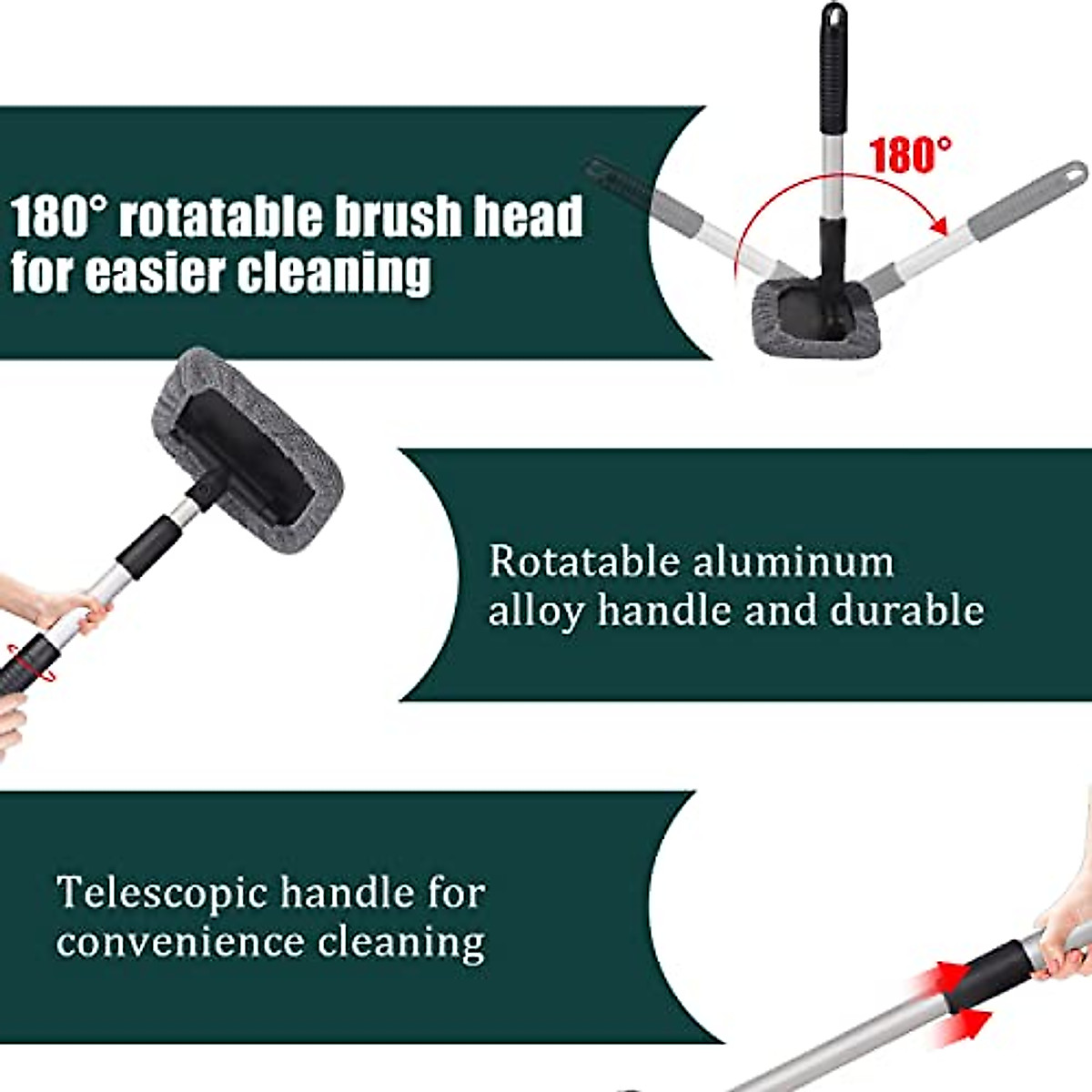 Pincuttee Car Windshield Cleaner Tool,Microfiber Car Window Cleaning Tool with Extendable Handle and Washable Reusable Cloth Pad,Auto Inside Glass Wiper Kit(Gray,1PC)